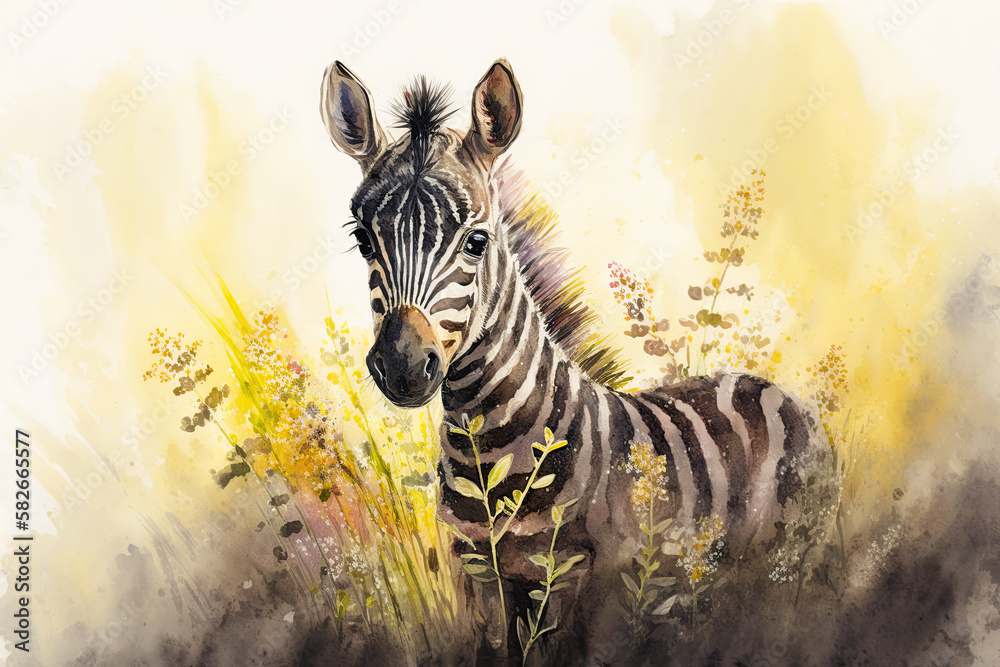 Watercolor painting of a cute baby zebra on a blooming meadow. Baby ...