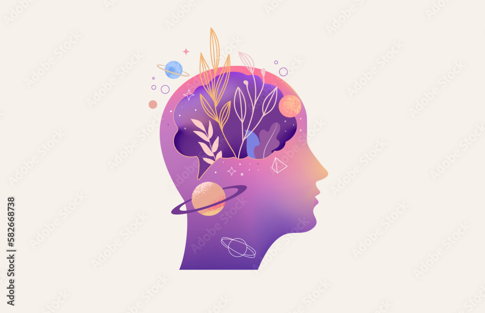 Psychology, Dream, Mental Health concept illustration. Brain, neuroscience and creative mind ...