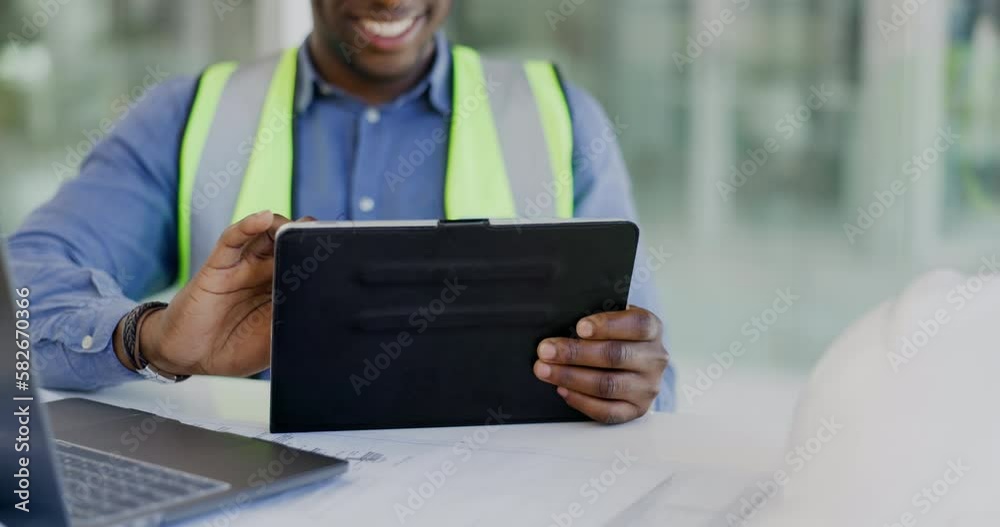 Architect tablet, hands or man planning infrastructure design, floor ...