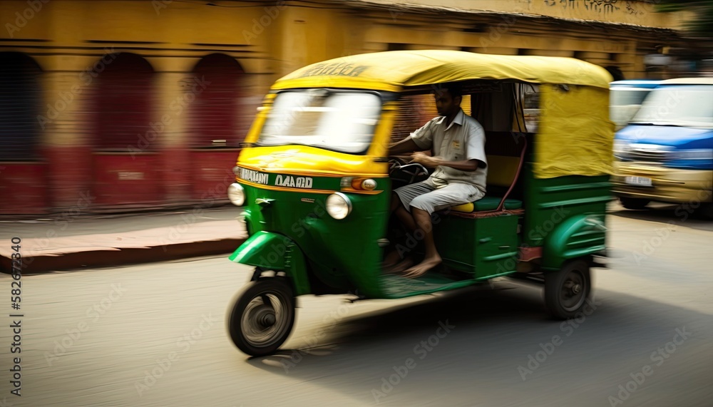 Auto rickshaw drives asian customer on indian street motion blur, tuk ...
