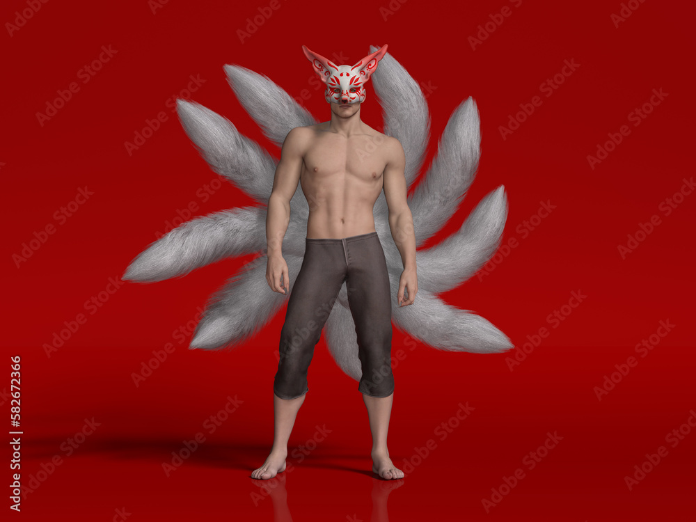 3D Render : The portrait of male nine tailed fox wearing the kitsune ...