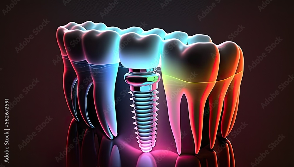 Dental implant in tooth row jaw colorful neon glowing, dental ...
