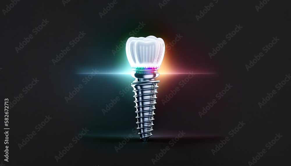 One single dental implant in tooth row jaw colorful neon glowing ...