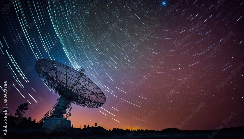 Radio telescope antenna radio receiver on beautiful night sky with star ...