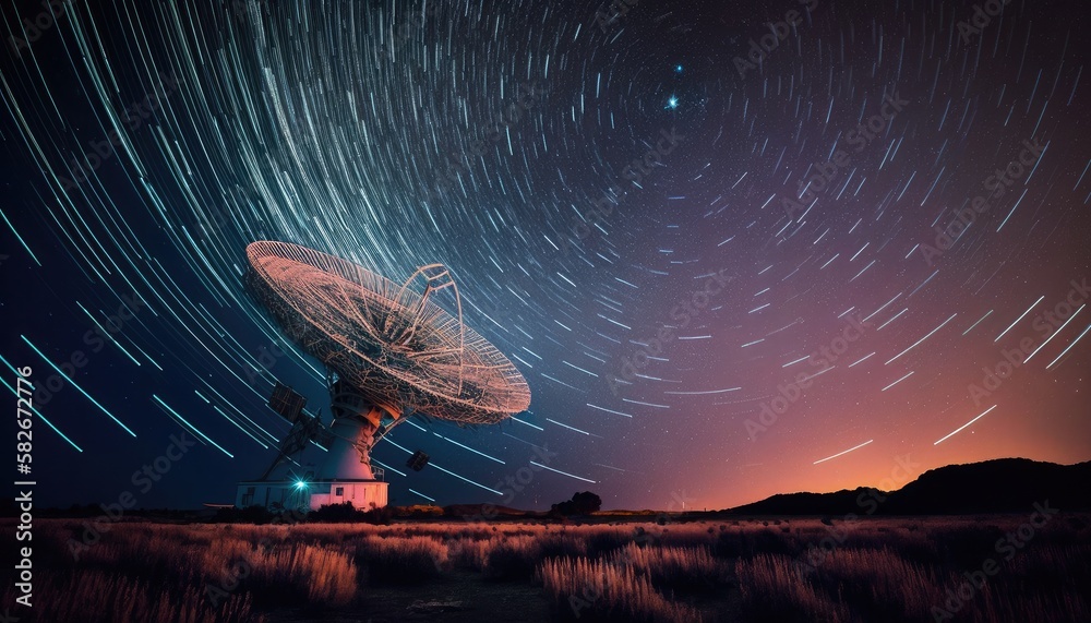 Radio telescope antenna radio receiver on beautiful night sky with star ...