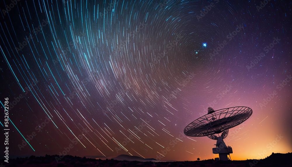 Radio telescope antenna radio receiver on beautiful night sky with star ...