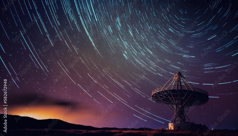 Radio telescope antenna radio receiver on beautiful night sky with star ...