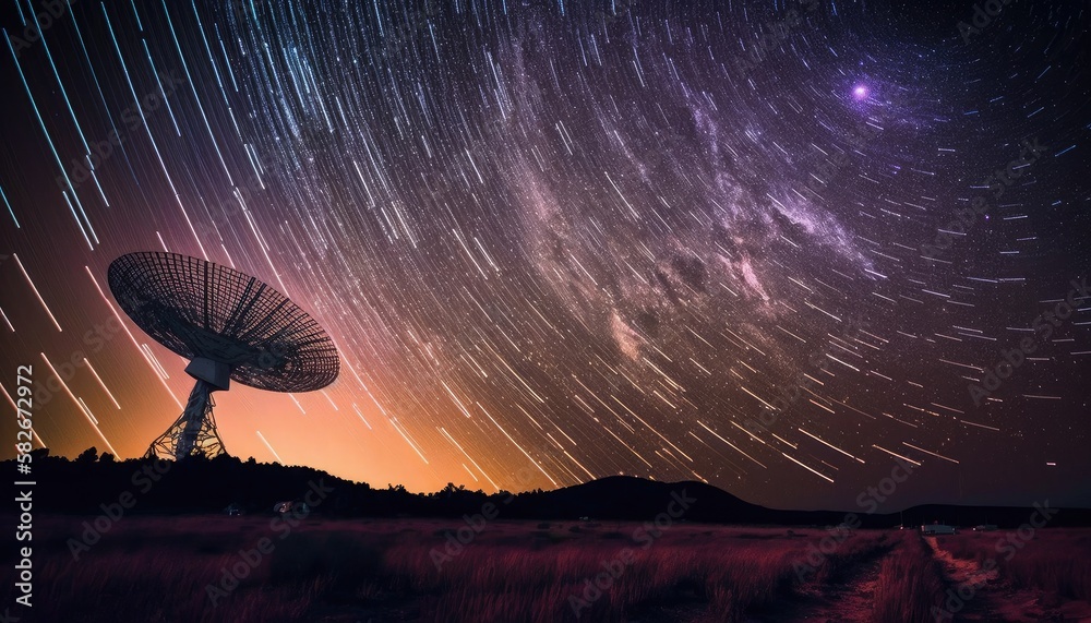 Radio telescope antenna radio receiver on beautiful night sky with star ...