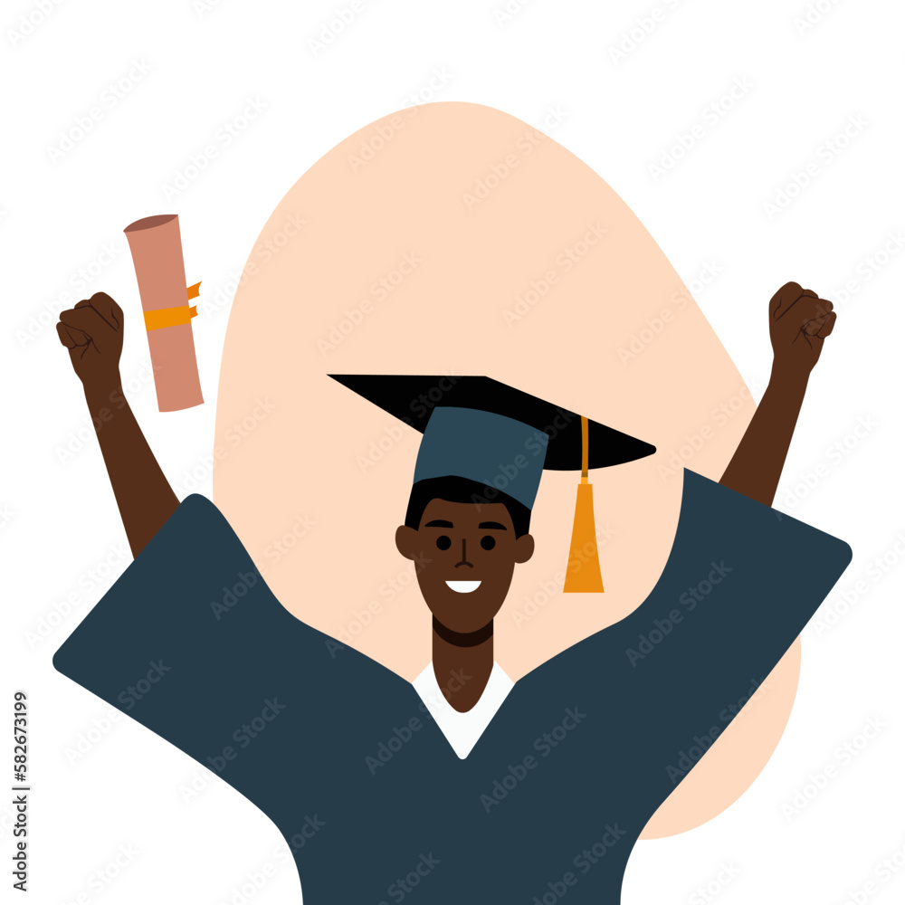 A cheerful black male graduate celebrates his graduation with a diploma ...