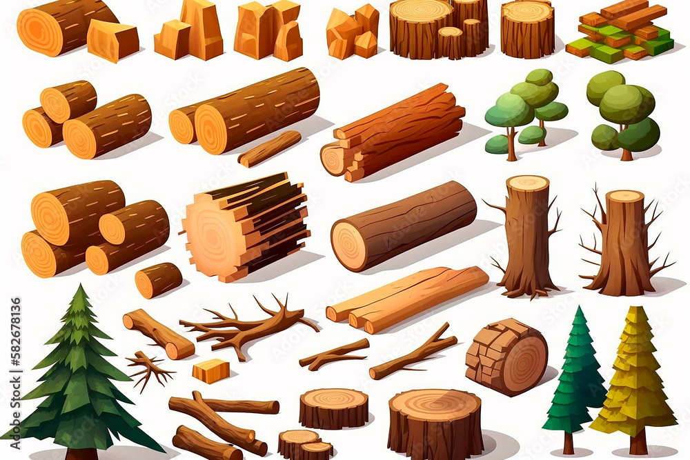 Set of woods in cartoon style. illustration of woodworking industry on ...