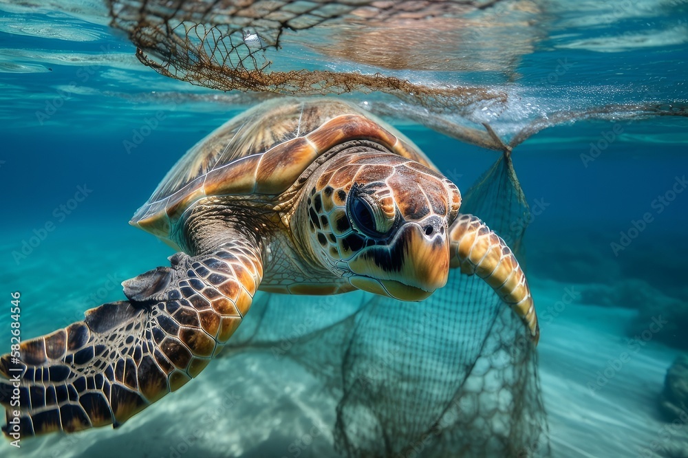 AI illustration of a turtle caught with fishing net. The concept of ...