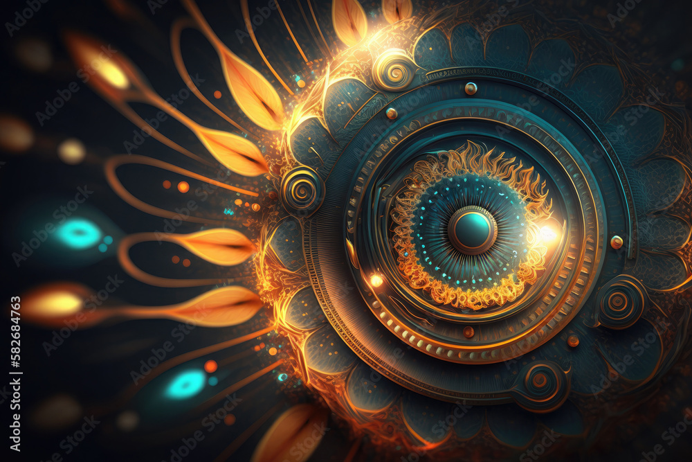 Cosmic trance and hypnosis concept of glowing details in digital neural ...