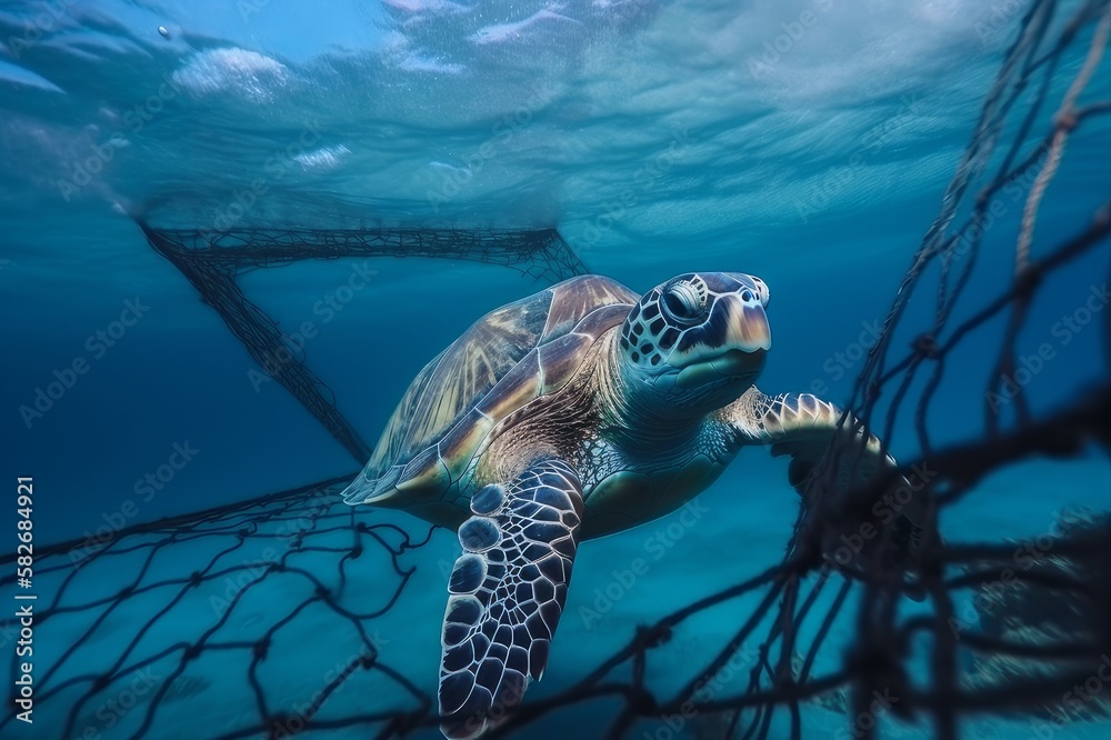 AI illustration of a turtle caught with fishing net. The concept of ...