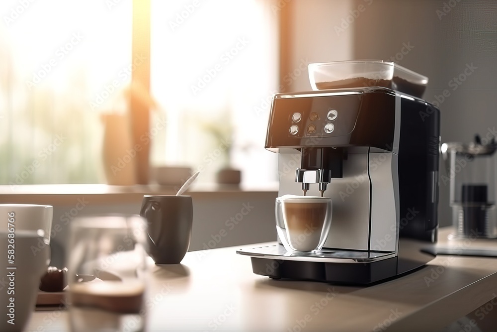 The first coffee of the day at a beautiful modern kitchen with a ...