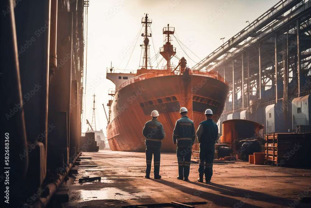 Shipyard workers with a ship under construction in background. Created ...