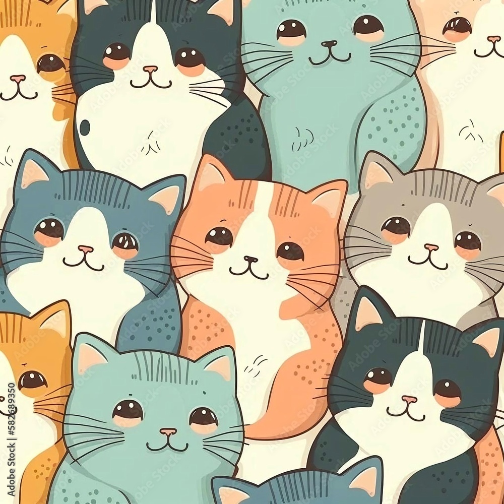 Repeat.Seamless pattern of cute colorful cat cartoon.Happy meow.Animals ...
