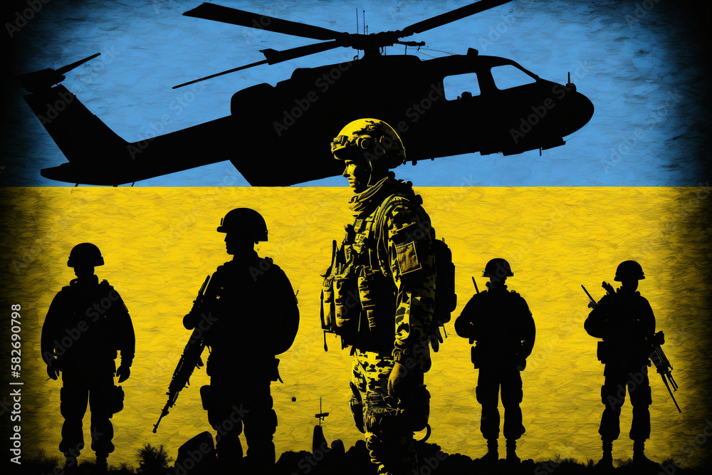 Silhouettes of the Ukrainian military against the background of the ...