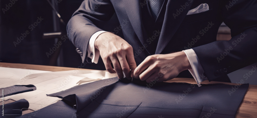 A men's suit tailor, making adjustments to a new suit. Well dressed ...
