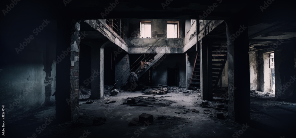 ภาพประกอบสต็อก Inside a dark and dim abandoned house or small building ...