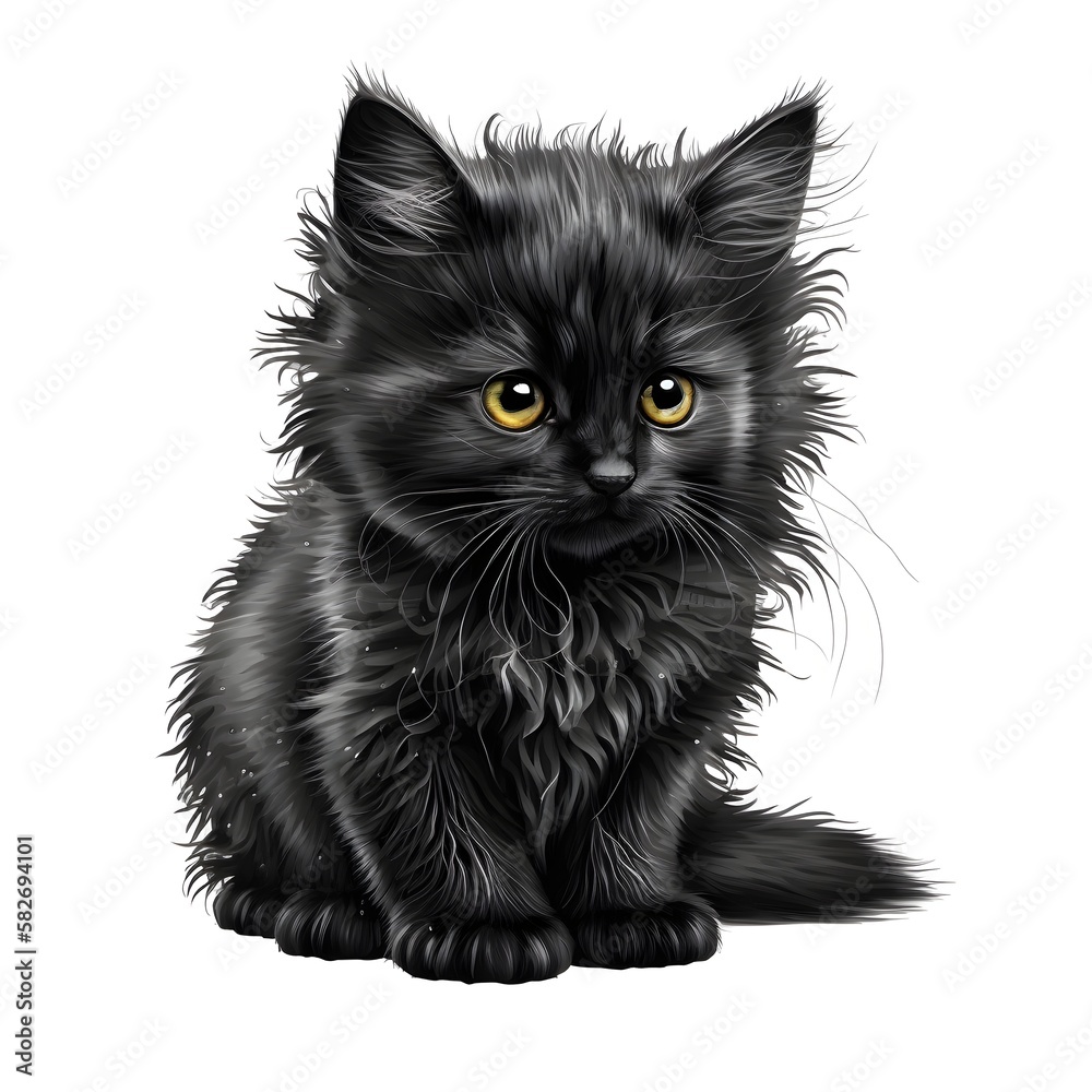 Fluffy black cat with green eyes and white background, fluffy black ...