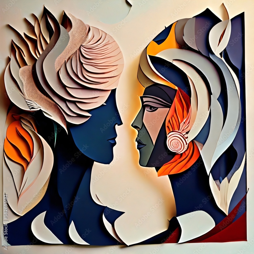 The abstract faces of people looking at each other. Male and female ...