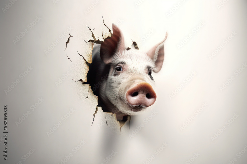 Pig peeking out of a hole in the wall background Stock Photo | Adobe Stock