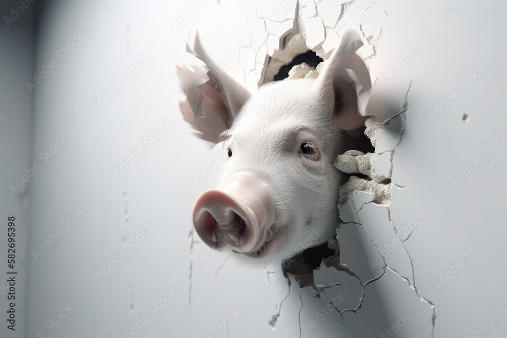 Pig peeking out of a hole in the wall white background white wall funny ...