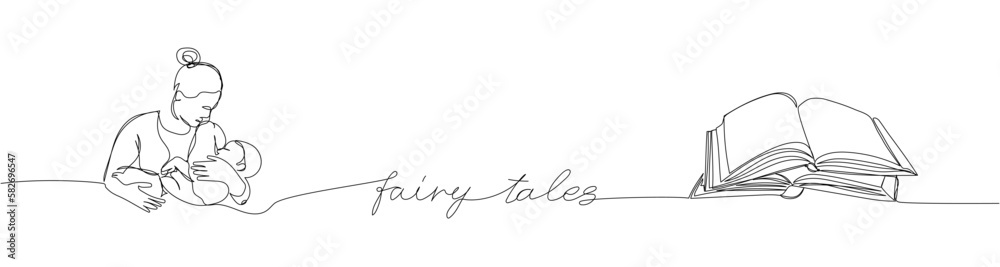 Fairy tales one line art. Continuous line drawing of book, library ...