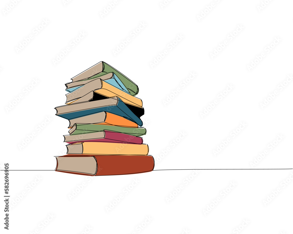 Stack of different sizes of books one line colored art. Continuous line ...