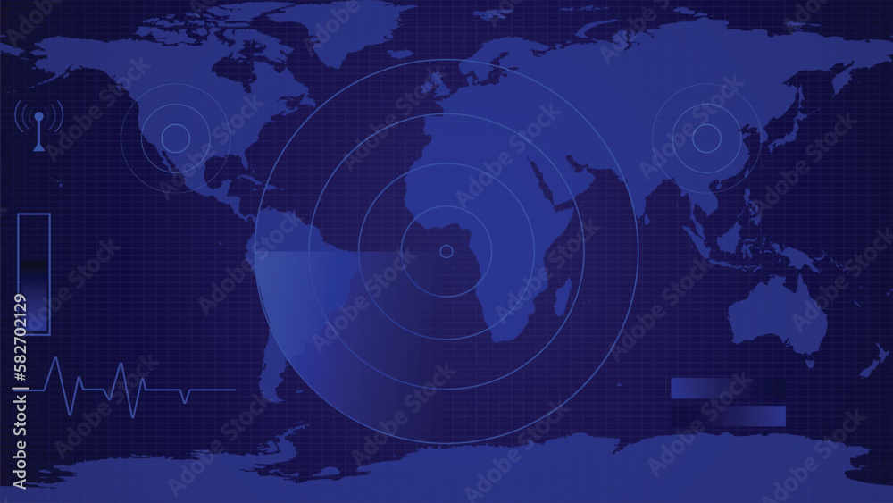 Vettoriale Stock Digital technology radar screen on world map scanning ...