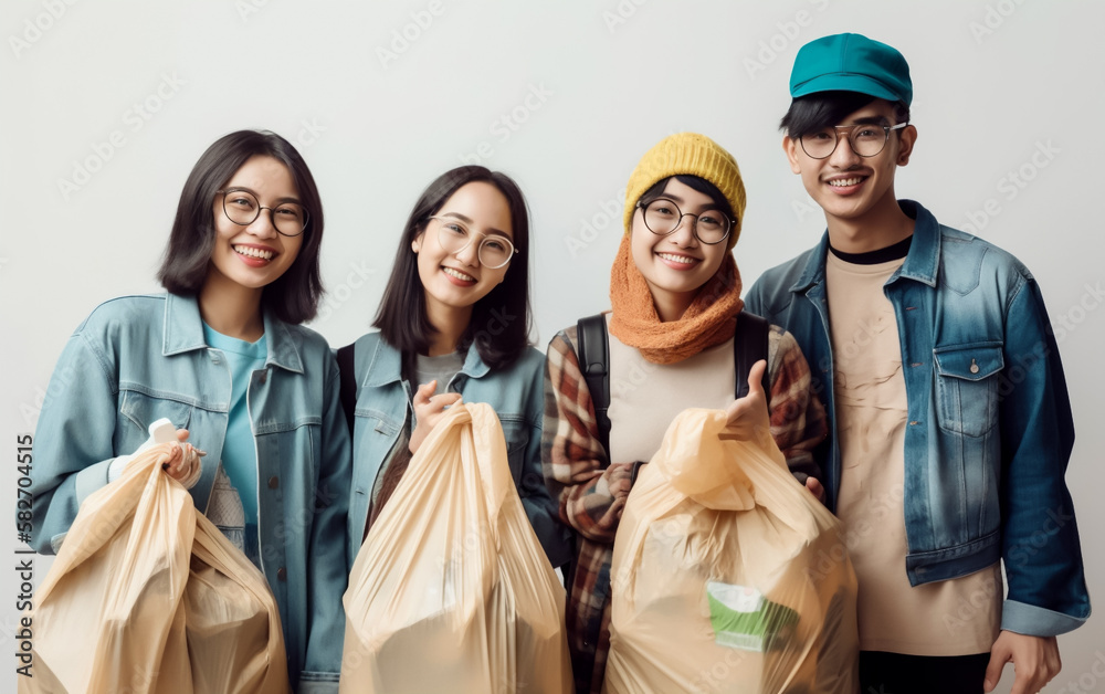 Group of friends collecting Garbage and Plastic Trash. Laughing ...