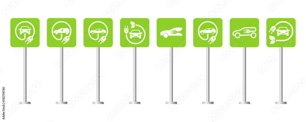 Set of road signs with car charging station. Place for electric vehicle ...