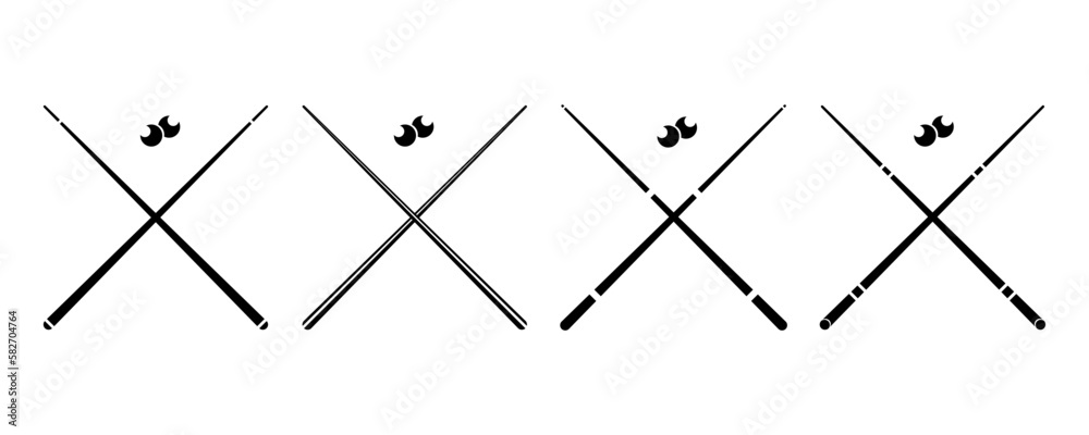 Set of billiard cues with balls vector icons. Black silhouette with ...