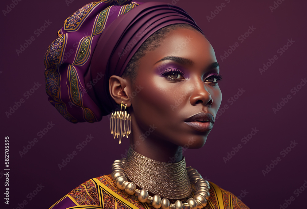 Sensual black woman wearing African national costume isolated on purple ...