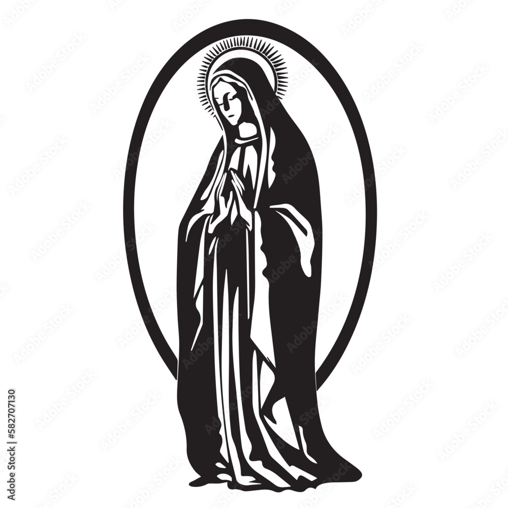 Virgin Mary, Our Lady. Hand drawn vector illustration. Black silhouette ...