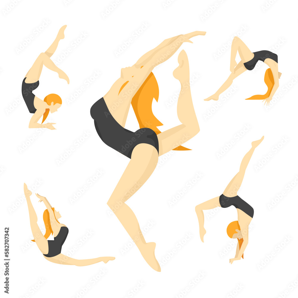 Set of gymnastic poses. Young girl in black sportswear making an ...