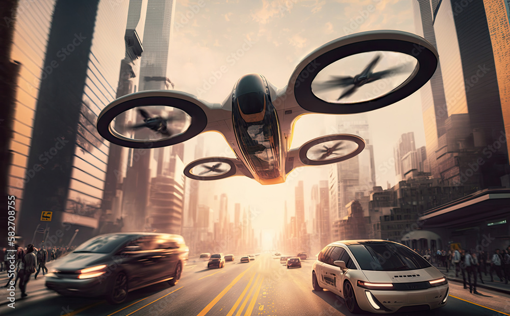 Futuristic battery-powered eVTOL air taxi flying over the traffic in ...