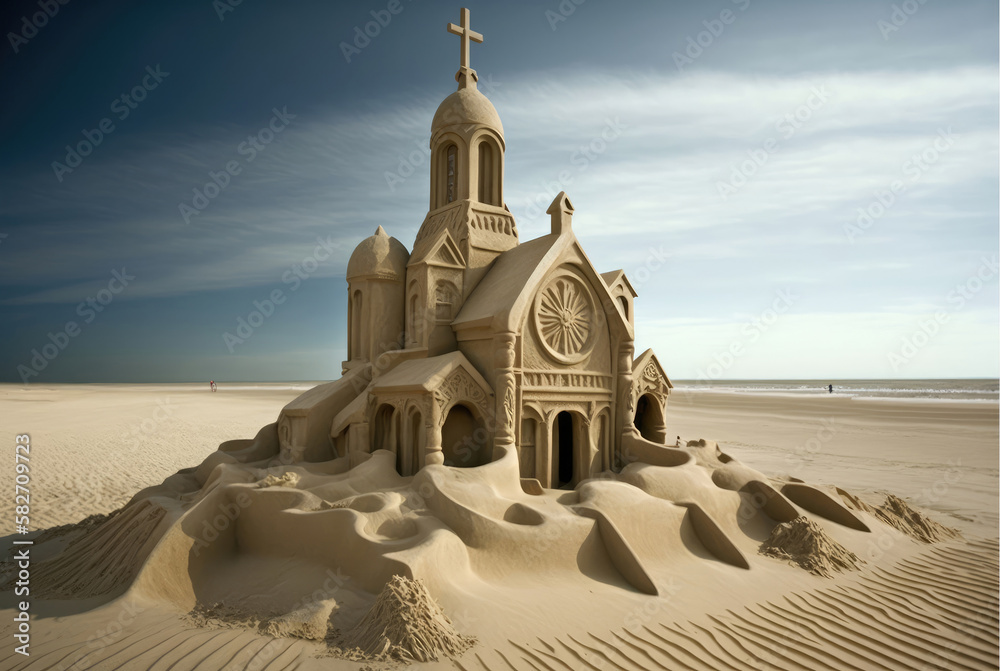 A sandcastle in the shape of a church on a beach created with ...
