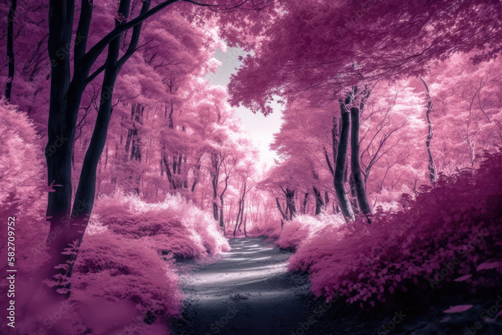 Beautiful pink infrared view into a forest with misty light created ...