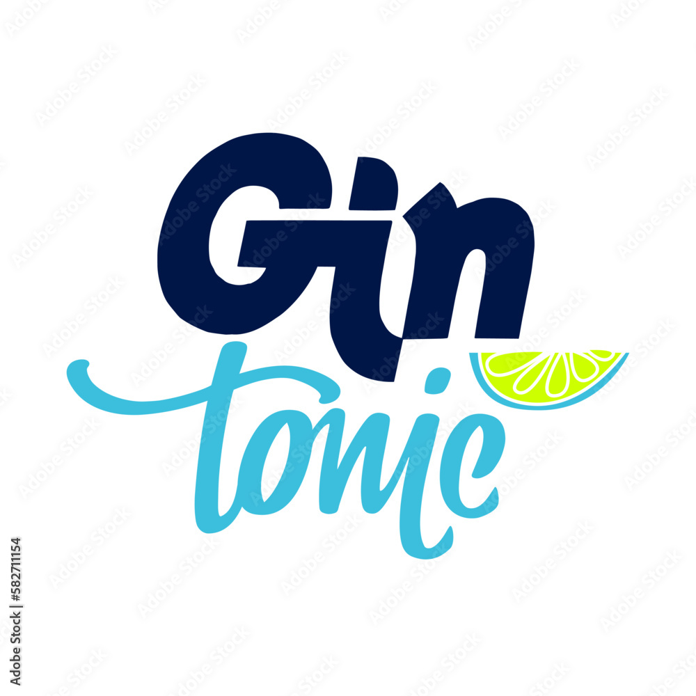 Inscription Gin Tonic, lime slice. Modern hand-drawn lettering for alcohol cocktail. Handwritten ...
