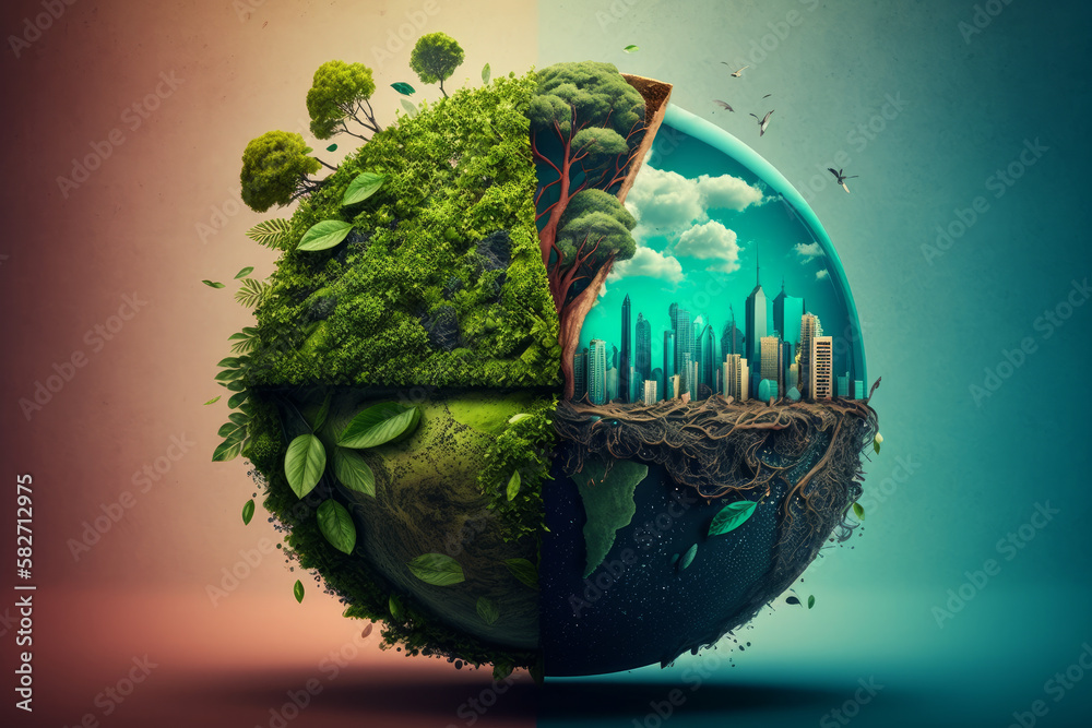 Climate Change global ecosystem concept with nature standing in ...