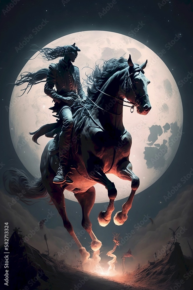 The dark wizard of the mystic tribe riding a demon horse, a giant ...