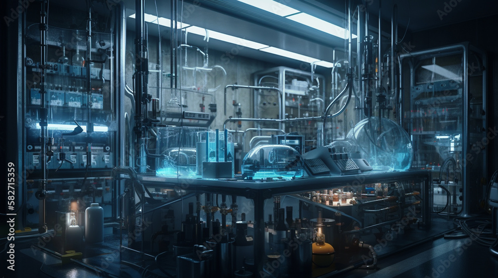 Interior of futuristic lab with tube and flask in medical chemistry ...