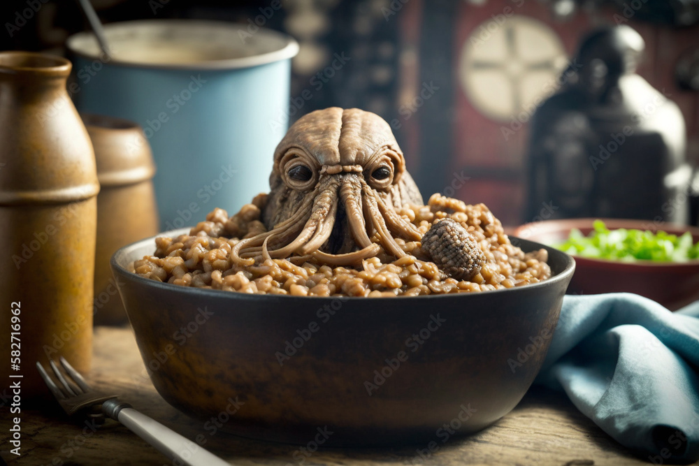 monster octopus in a bowl of porridge, created by a neural network ...