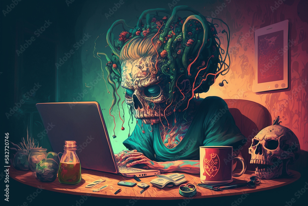 zombie girl at the computer, doomscrolling concept, created by a neural ...