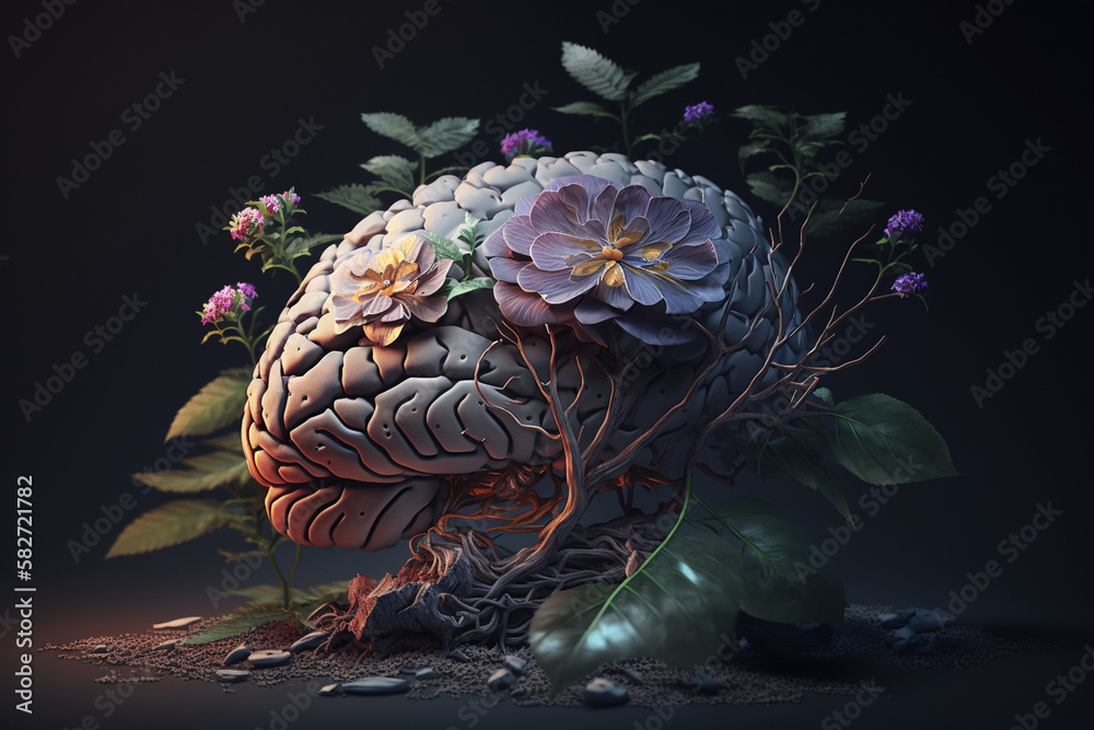 Human brain with flowers, created by a neural network, Generative AI ...