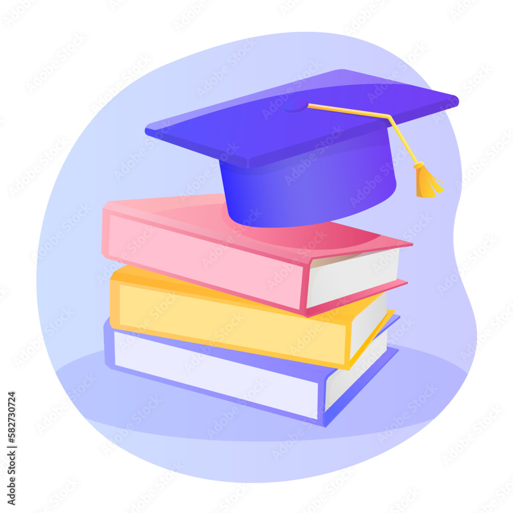 Square academic cap on textbooks. Cartoon vector illustration on the ...