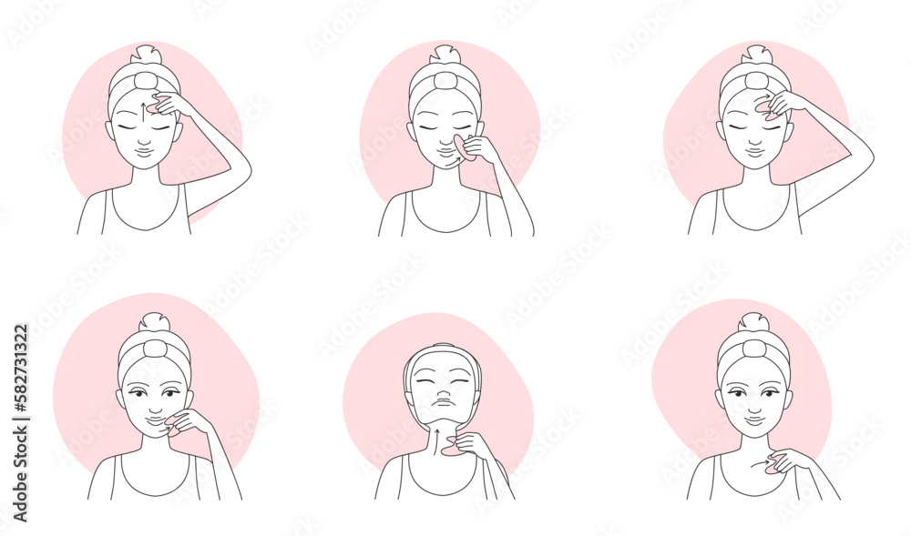 Gua sha massage, infographic line icons vector illustration. Hand drawn ...