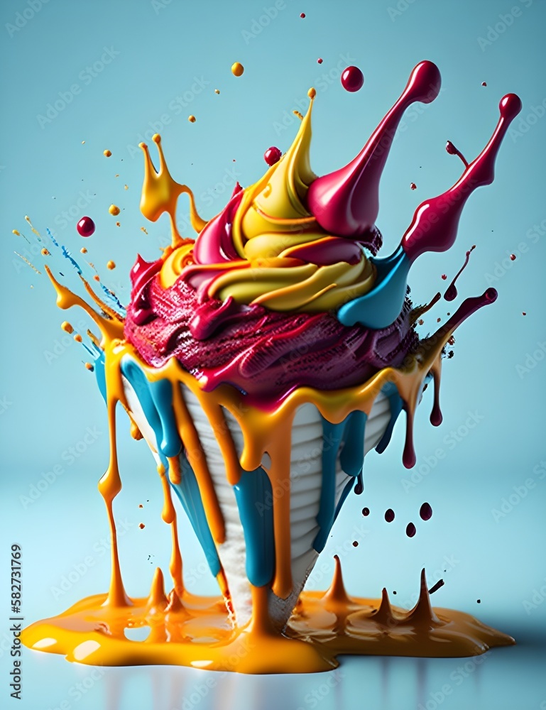 Colorful splashes of ice cream, melting ice cream cone, refreshing ...