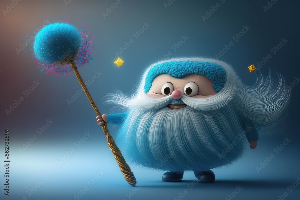 Super happy smile of a fluffy wizard with magic staff, in exquisite ...